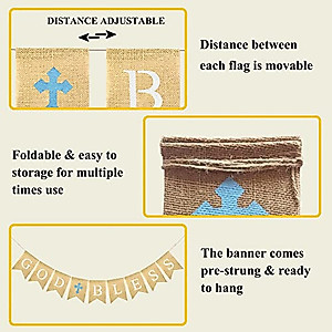 FAKTEEN God Bless Burlap Banner Baptism First Communion Decorations for Boys Confirmation Centerpiece Decor Baby Shower and Birthday Party Supplies