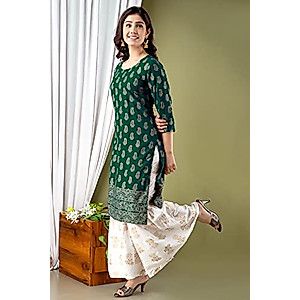 Chandrakala Women's Rayon Cotton Tunic Top 3/4th Sleeve Straight Kurti Kurta,X-Large,Bottle Green (K163BOT4)