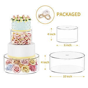 2 PCS Clear Acrylic Cake Stand, FEMELI Fillable Cake Box Case Tier Holder, Cylinder Round Cake Riser Display Box with Lid, Centerpiece Cake Base with Lights for Birthday Wedding Party Decor(10*4, 6*4)