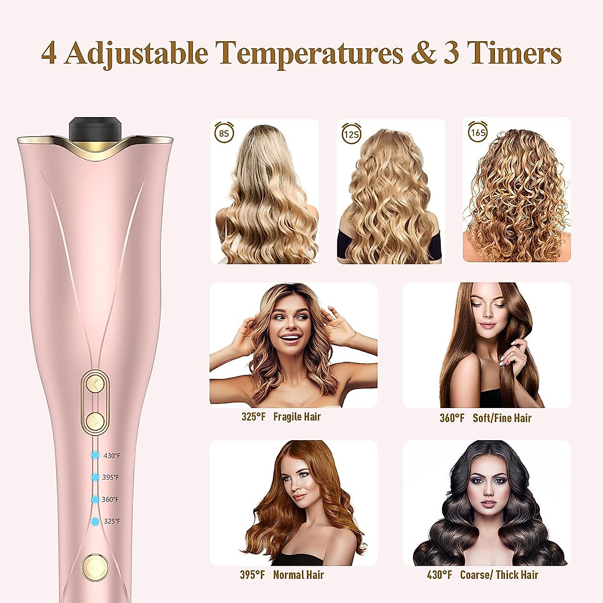 Auto Hair Curler, Automatic Curling Iron Wand with 4 Temperatures & 3 Timers & LCD Display, Curling Iron with 1" Large Rotating Barrel, Dual Voltage Auto Shut-Off Spin Iron for Hair Styling