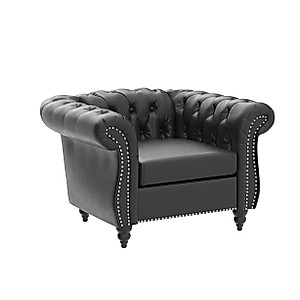 FOKWE Chesterfield Chair Leather, Upholstered Single Sofa Chair, Accent Comfy Club Armchair with Rolled Arms and Nailhead for Living Room, Bedroom (Black)