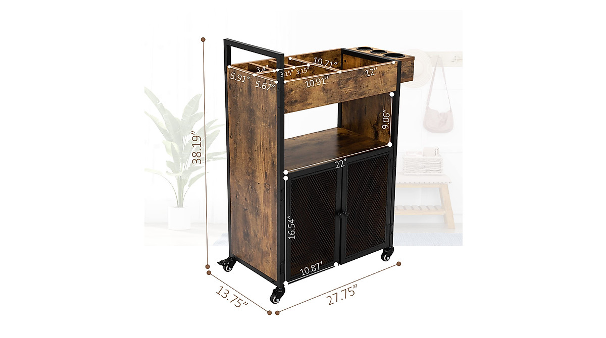 Reshable Rolling Salon Station with Storage & Charging - Rustic Brown