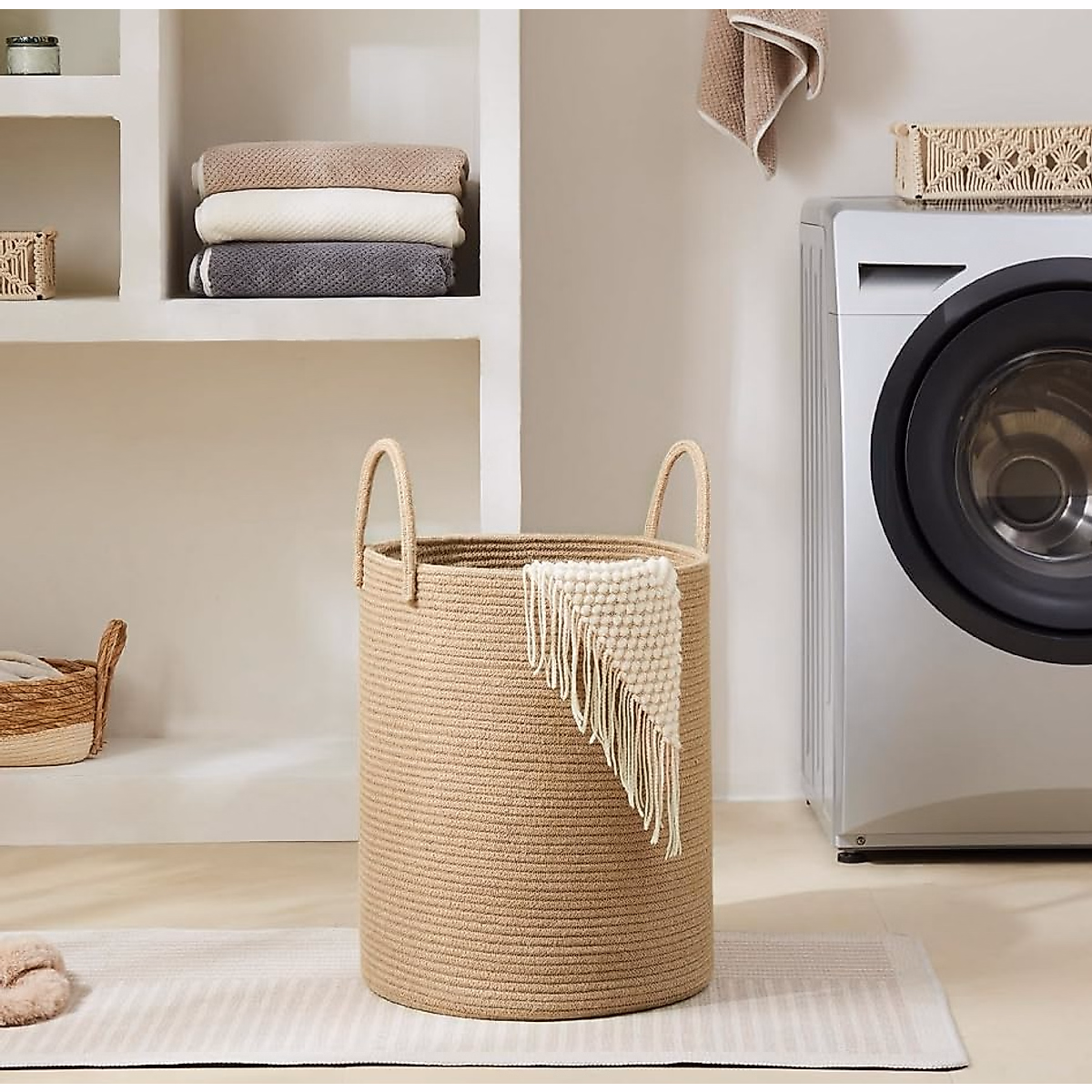YOUDENOVA Cotton Laundry Hamper, 58L - Woven Collapsible Storage Basket - Jute Brown