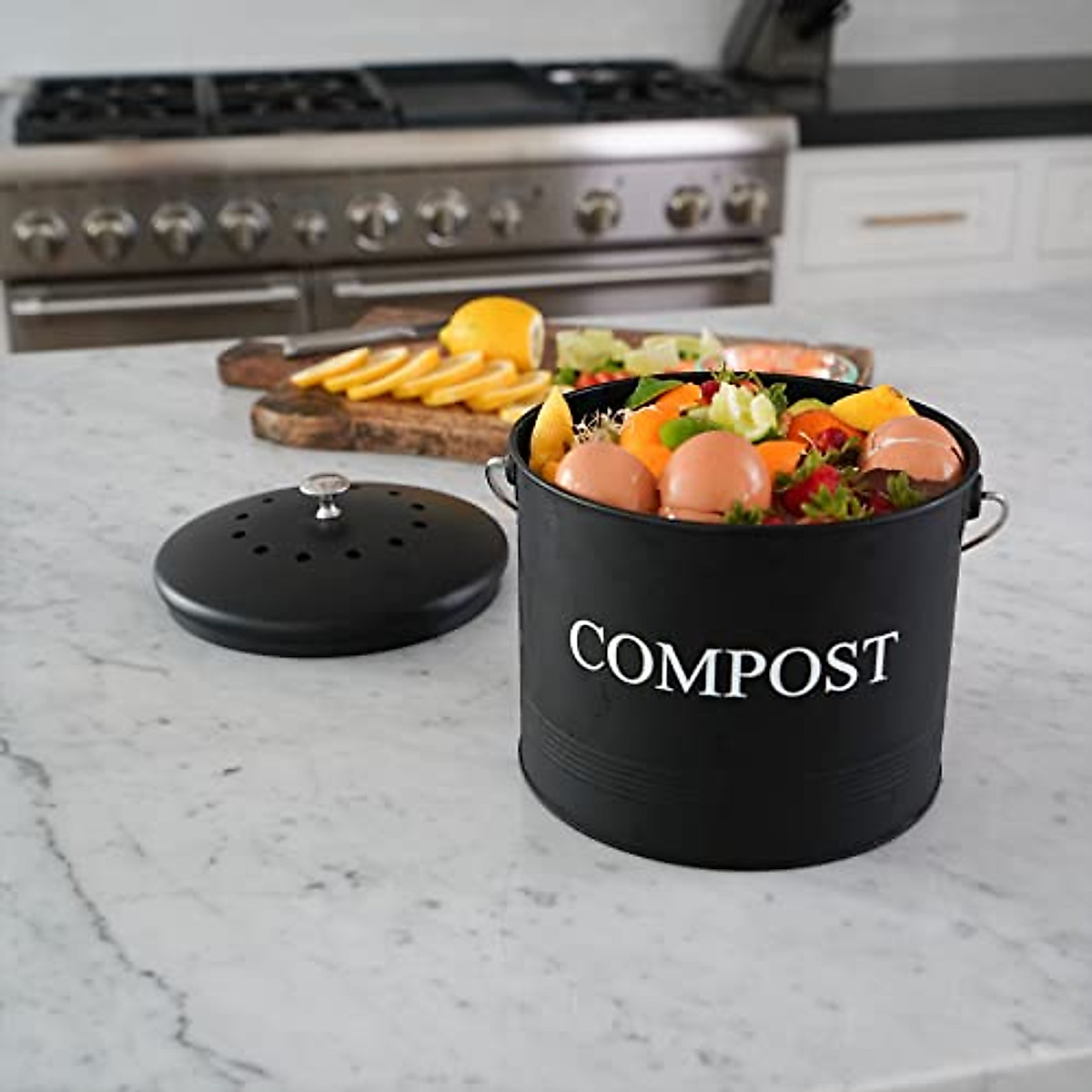 Rise Abve Compost Bin - Odorless Indoor Food Waste Bin with Lid - Scrap Bin - Water Resistant & Rust Bucket - Fixed Black Charcoal Filter - Cross Shaped Design - Easy to Clean Kitchen - Size 8”x7 1/2