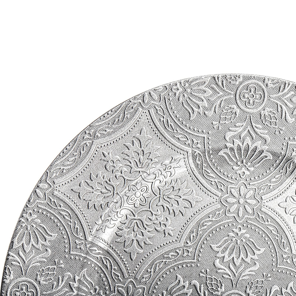 Elsjoy Set of 12 Plastic Silver Charger Plates, 13 Inch Decorative Plate Charger for Dinner Plates, Embossed Vintage Disposable Serving Plate for Home, Party, Wedding, Events