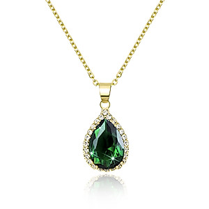 Linawe Emerald Crystal Chain Necklace for Women Trendy, Green Diamond Pendant, Cubic Zirconia Birthstone Rhinestone Teardrop, Preppy Dainty Boho Summer Beach Jewelry