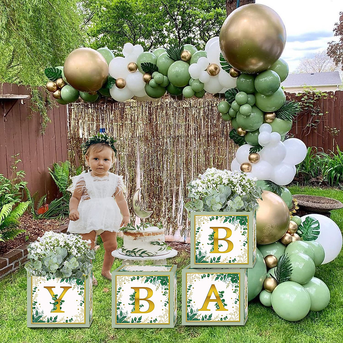 GOGOPARTY Sage Green Baby Shower Boxes, 4PCS Sage Green Gender Reveal Party Supplies Sage Green Party Centerpiece for Sage Green Baby Shower First Birthday Decorations (Without Flowers)
