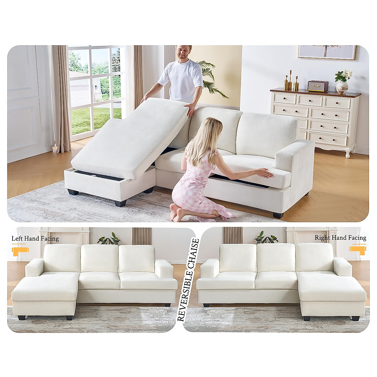 VanAcc 89 Inch Convertible Sofa with Chaise, Reversible L Shape Sofa Couch with Storage, Comfy Sofa Couch for Living Room, Beige Chenille