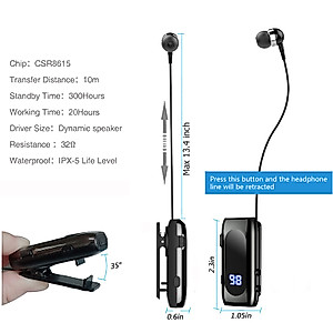 Retractable Wireless Headset Headphone Stereo Earphone V5.0 Noise Cancelling Mic Clip on Earpiece Comfortable HandsFree Headset 20Hrs Talking Time Sports Business Trucker Driver Earbud