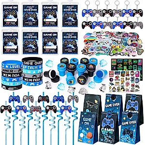 Winrayk 136Pcs Video Game Party Favors Gamer Birthday Supplies for Kids Boys Girl Drinking Straw VIP Pass Gift Bag Bracelet Stamper Luminous Tattoo Sticker Keychain Pinata Stuffers Gaming Party Favors