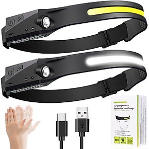 Ginlpd Headlamp Flashlight, (2-Pack) High Lumen Led Headlights Rechargeable COB 230°Wide Beam Waterproof Head Lamp with Motion Sensor Bright 5 Modes for Outdoor Running, Camping Hiking