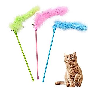 Cat Wand Toys, 3 PCS Interactive Cat Feather Toys Colorful Cat Teaser Wand with Bell for Indoor Cats, Kitties