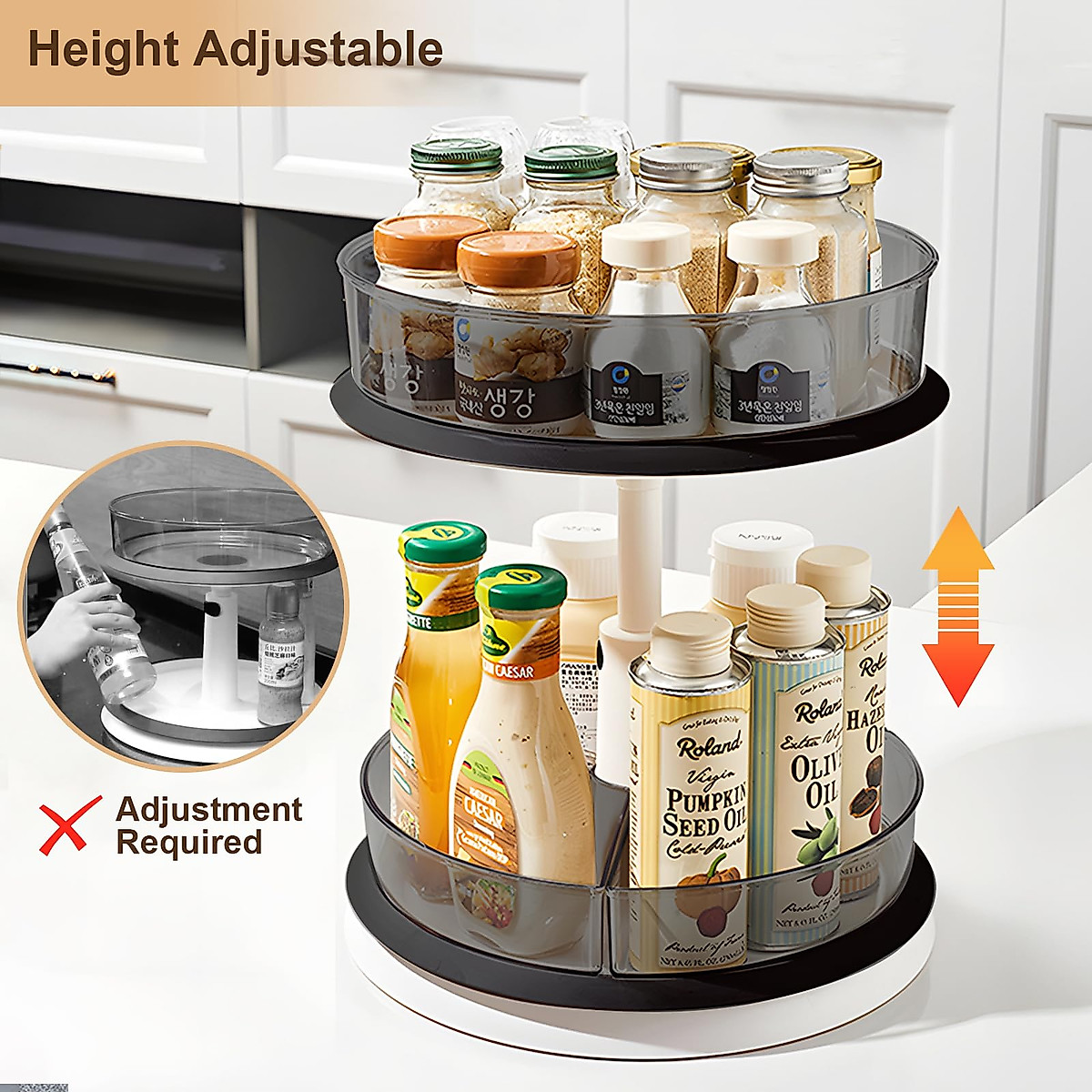 DIHUMK 2 Tier Lazy Susan Turntable Organizer for Medicine Cabinet Bottle Pantry Countertop with Clear Large Spice Rack 11 Inch Grey