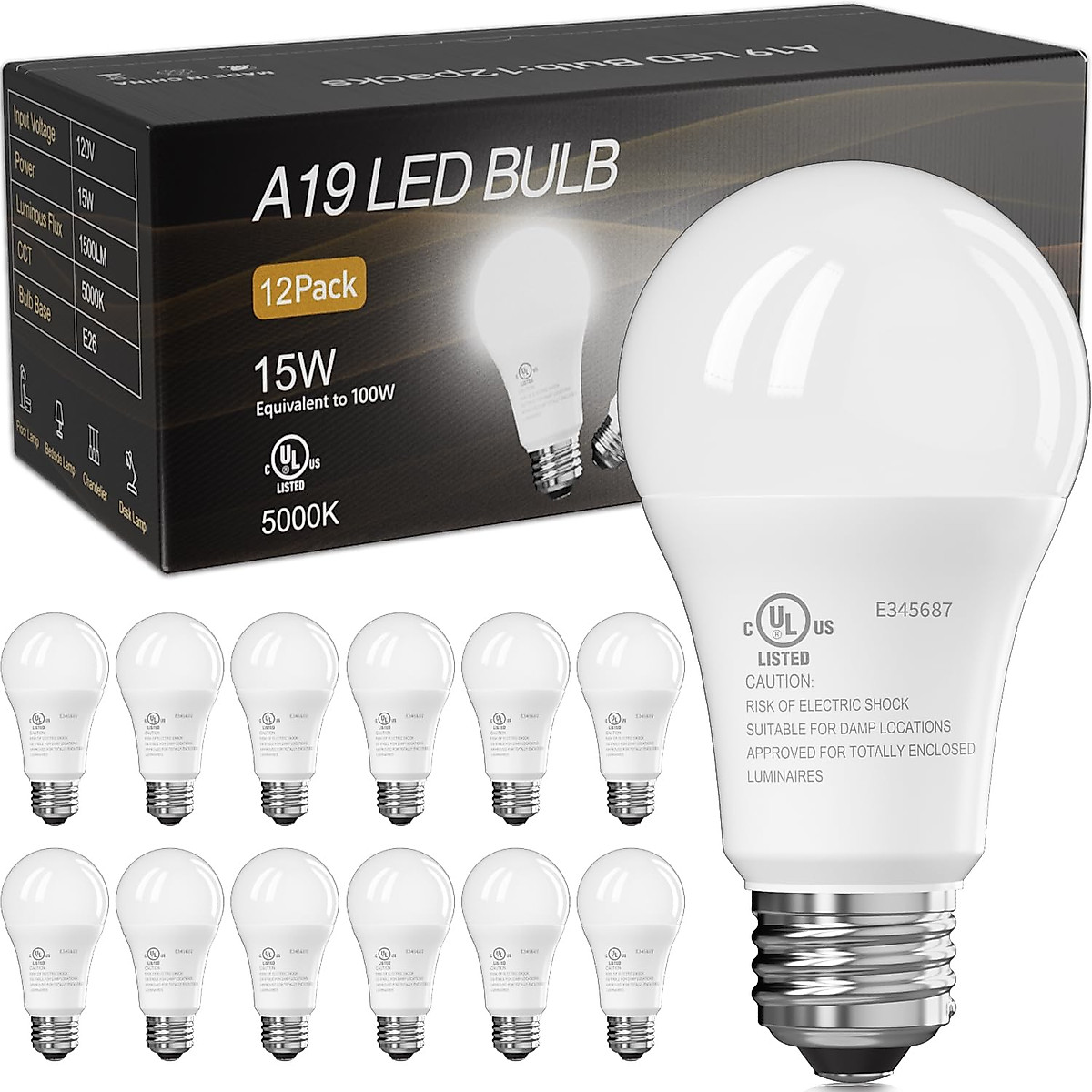 TJOY LED Light Bulbs, 100 Watt Equivalent A19, 5000K Daylight LED Bulbs, 15W Bright White Light Bulbs, Energy Saving Light Bulb with E26 Standard Base, 1500 Lumens Non Dimmable Lamp Bulb, 12 Pack