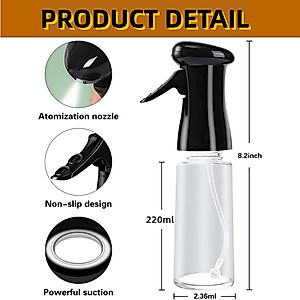Oil Sprayer for Cooking, 220ml Glass Olive Oil Sprayer Mister with Brush, Olive Oil Vinegar Spritzer Sprayer Bottles Oil Dispenser for Kitchen, Widely Used for Air Fryer, Salad, Baking, BBQ, Black