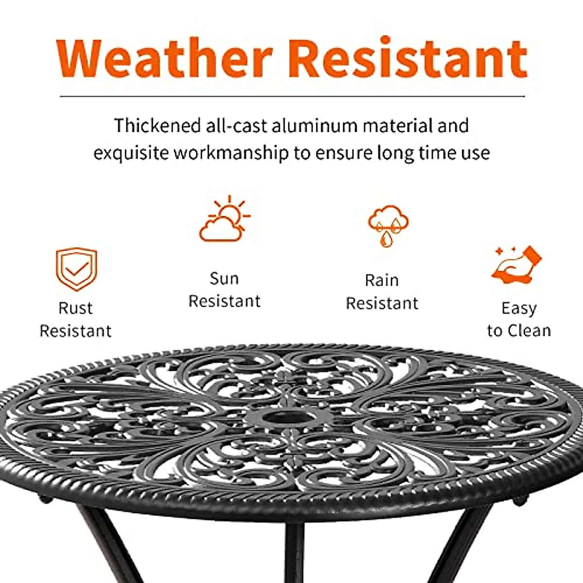 Withniture Bistro Set 3 Piece Outdoor, Round Bistro Table and Chairs Set of 2, Cast Aluminum Patio Bistro Sets with Umbrella Hole Outdoor Furniture for Garden, Porch, Black