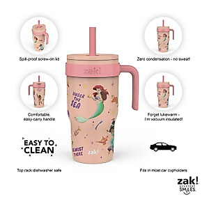 Zak Designs Disney Princess Cruiser Tumbler with Handle, Leak-Proof Straw, Stainless Steel, Vacuum Insulated, 18 oz.