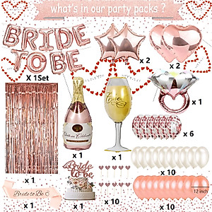 Rose Gold Bachelorette Party Supplies Naughty, Bride to Be Balloons, Ring, Champagne Bottle，Goblet Balloons Foil Curtain Sash Cake Topper for Bridal Shower Favors Decoration Kit