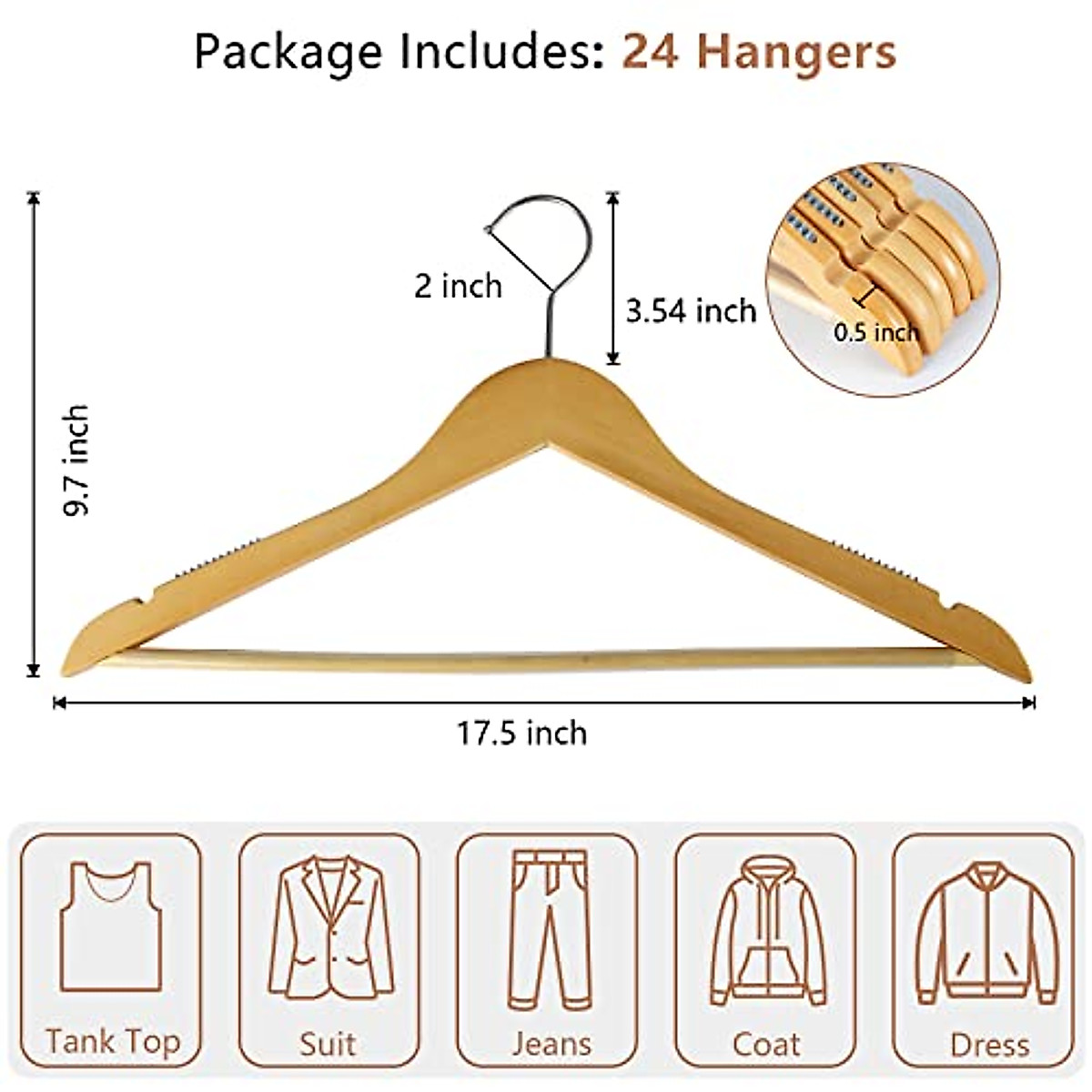 DEDU Wooden Hangers with Shoulder Grooves 24 Pack, Wooden Coat Hangers for Closet Heavy Duty with Non Slip Strip, Suit Hangers with Pant Bar 360° Swivel Hook for Shirt, Weeding Dress, Pants (Natural)