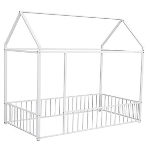 HZANHY Twin House Bed for Kids, Montessori Floor Bed with Rails, Metal Floor Bed Frame for Boys Girls Toddlers, Playhouse Bed with Roof, Twin Kids Bed Floor Bed with Post Foot Pads for Teen