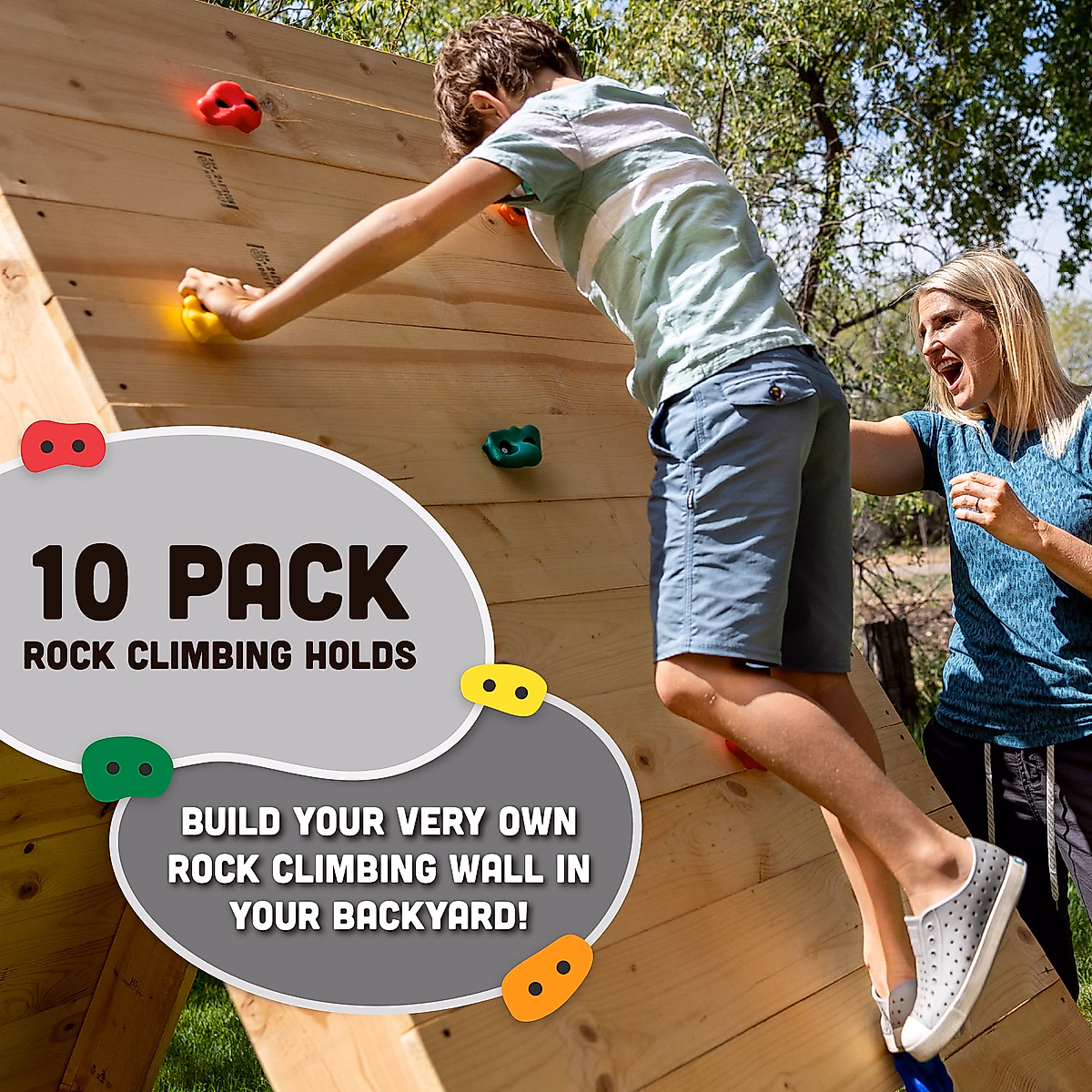 Squirrel Products 10 Large Assorted Rock Climbing Holds with Mounting Hardware - DIY Rock Wall - Ages 3+