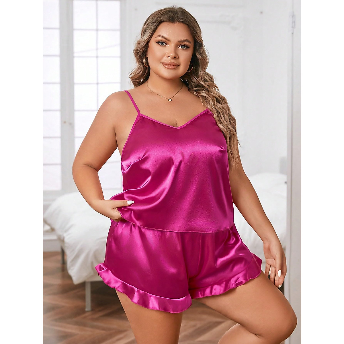 SOLY HUX Women's Plus Size Silk Satin Pajama Set Cami Top and Ruffle Hem Shorts Lounge Sleepwear Plain HotPink 5XL