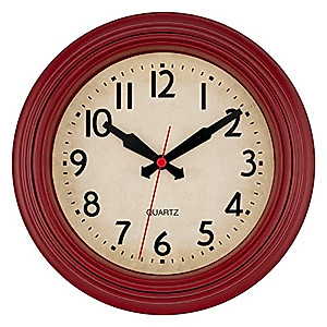 Foxtop Retro Wall Clock 9 Inch Silent Non-Ticking Small Battery Operated Red Wall Clock Vintage Classic Decorative Clock for Office Bedroom Kitchen Living Room Home