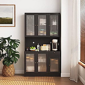 AVZEAR Kitchen Pantry Cabinet, Glass Door Cupboard 69.7" Freestanding Multifunctional Kitchen Pantry Cabinet Storage Cabinet Cupboard with 6 Doors,4 Shelves and 1 Drawer, Black