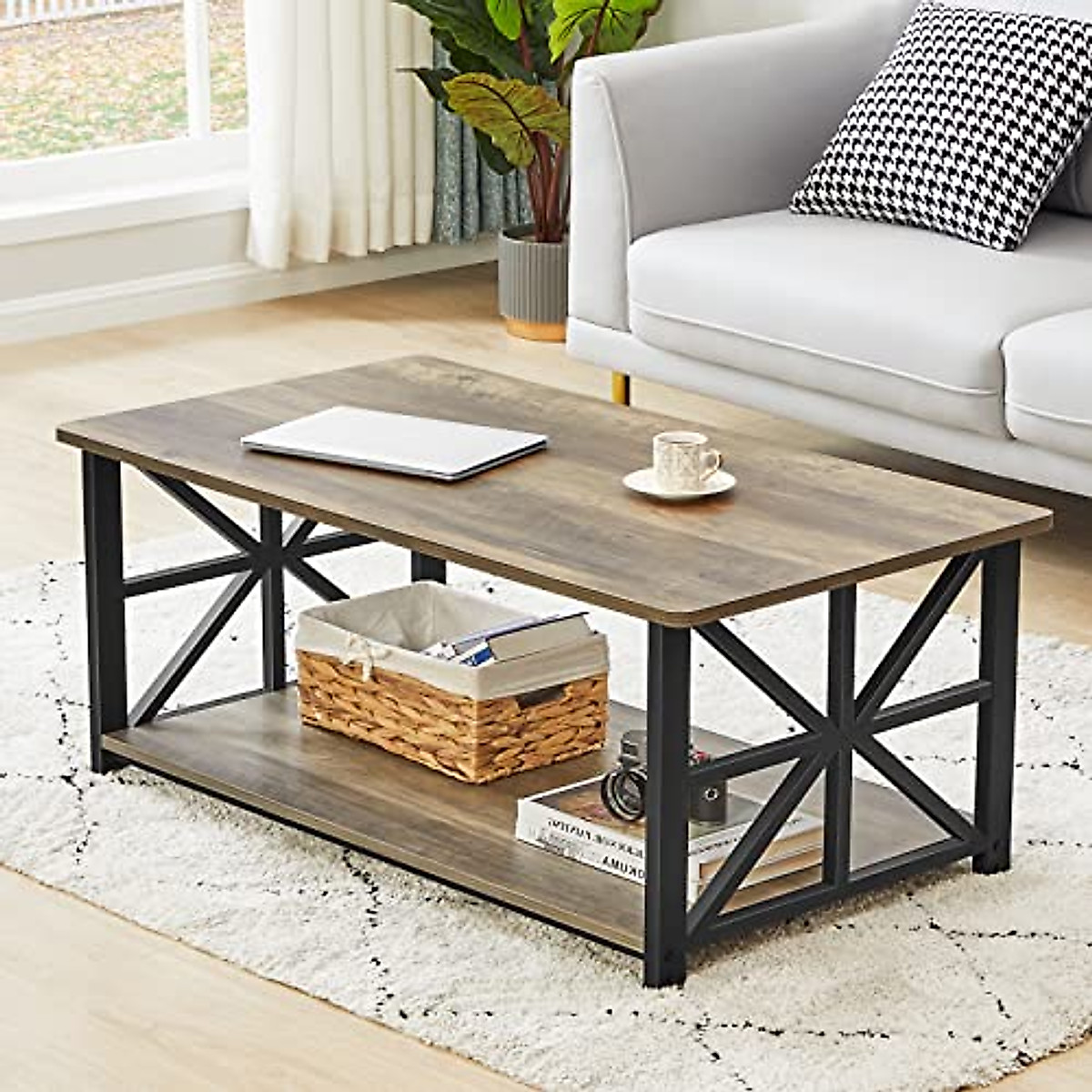 GreenForest Coffee Table for Living Room with Round Corners Farmhouse Style Center Table with Storage Shelf 40 Inch Space Saving Easy Assembly Gray Wash