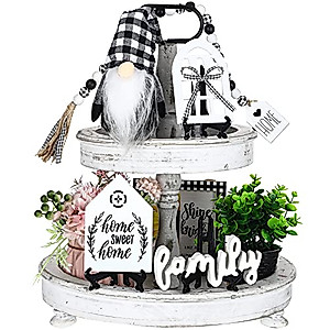 10 Pcs Farmhouse Tiered Tray Decor Farmhouse Kitchen Deocr Gnome Tiered Tray Decor Wood Home Decor with String Lights Mini Rustic Table Ornaments Decor Beaded Garland for Kitchen Shelf (Classic Style)