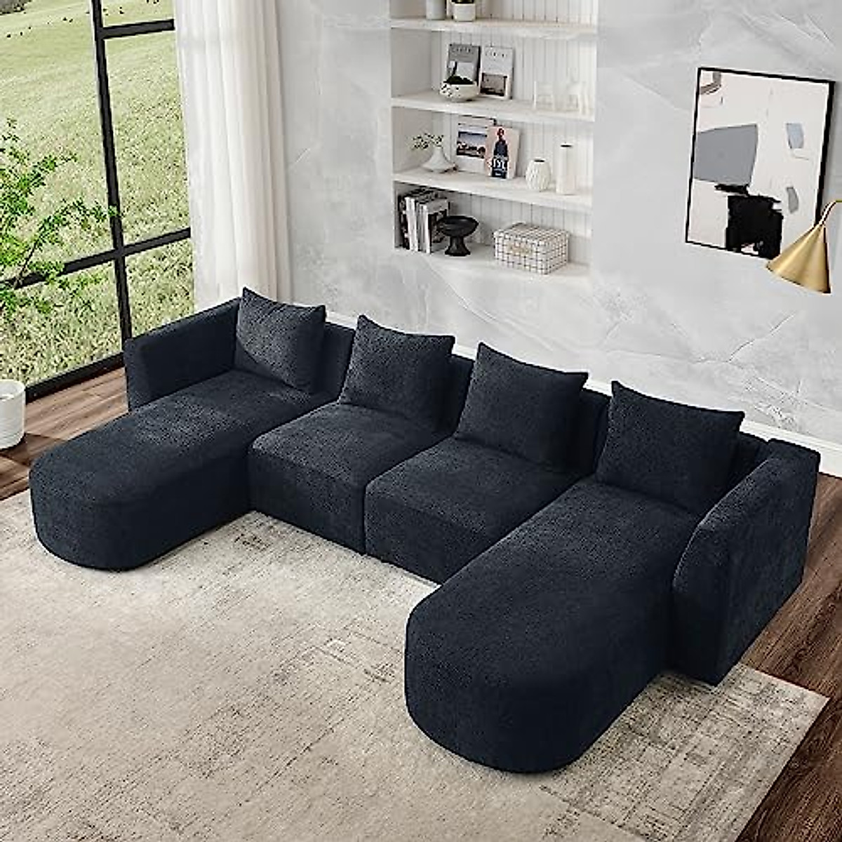 KIVENJAJA Modular Sectional Sofa, U-Shaped Couch with Double Chaise & Pillows, Modern Minimalist Boucle Fabric Large Comfy Cloud Sofas, Living Room Furniture Sets, 117 inch, Black