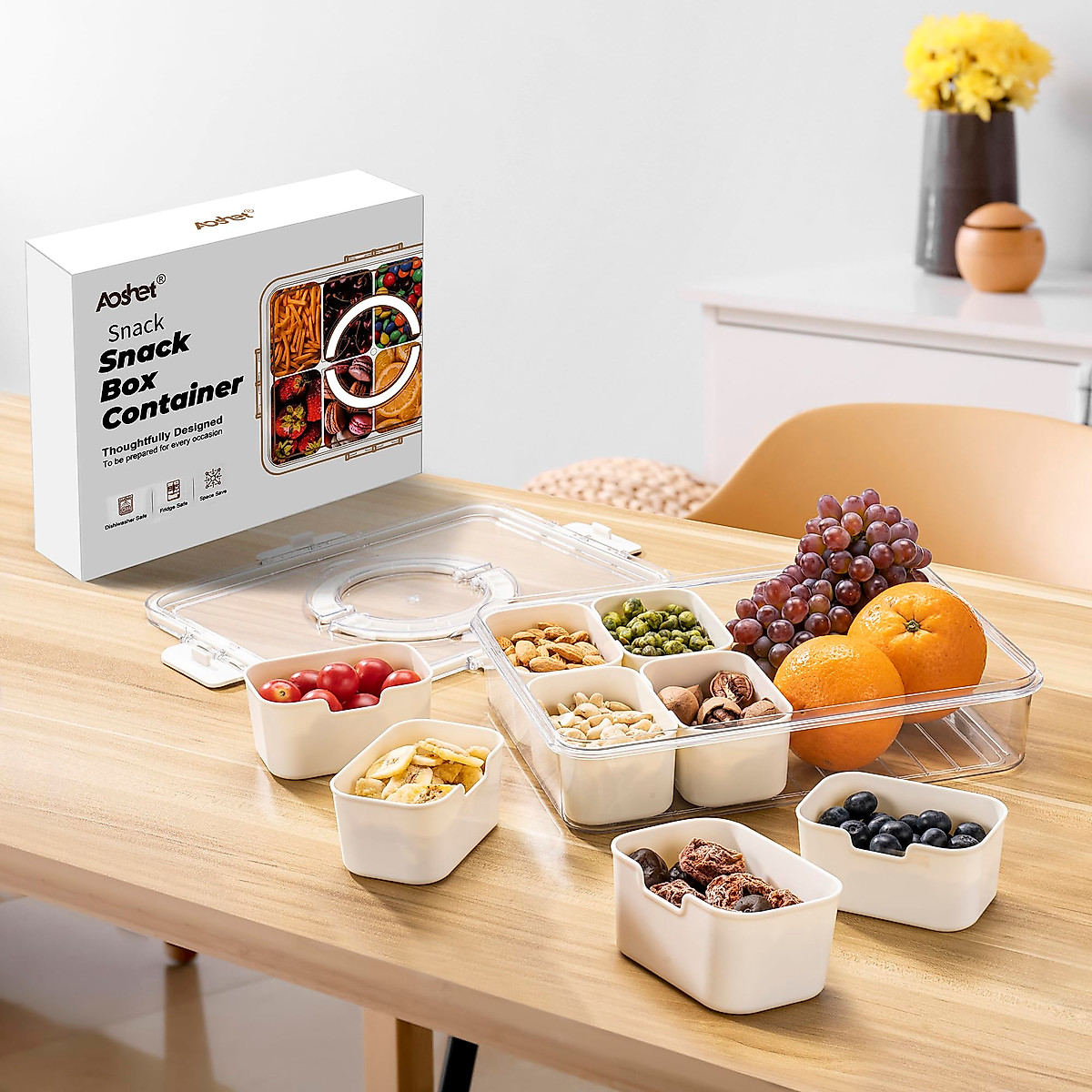 Snack Box Container, Dishwasher Safe Fruit Storage Containers, Divided Serving Tray with Lid for Veggie, Candy and Nuts Organizer, Snackle Charcuterie Boxes for Kids, Adults Travel, Party and Picnic