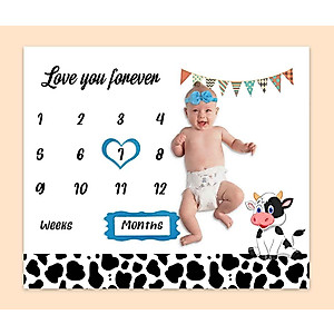 PHMOJEN Cow Milestone Blanket for Baby Boy, Farm Animals Cow Print Photography Background Newborn First Year Growth Blanket for Baby Pictures Include 4 Frames and 1 Headband 48"x40" BTYYPH46