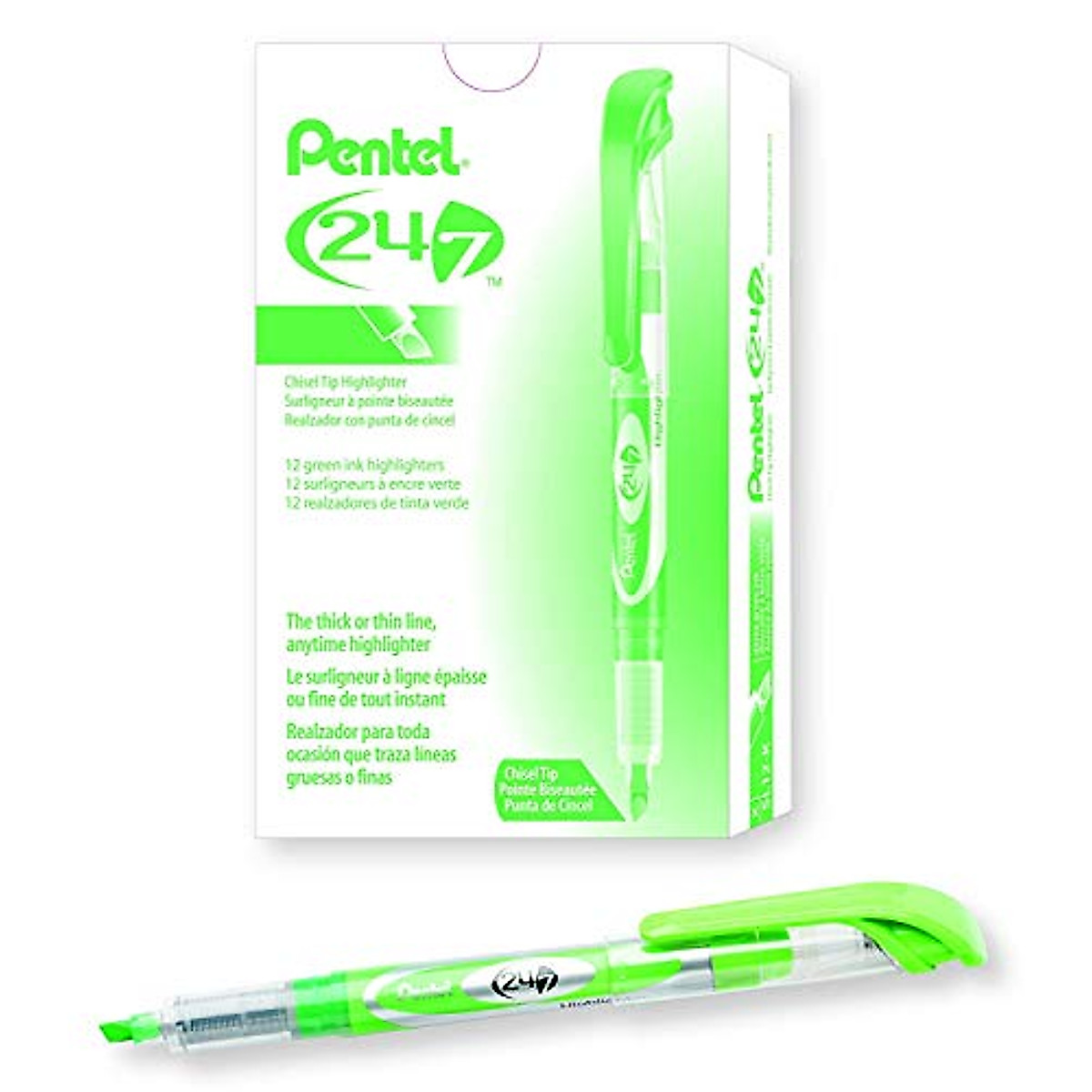 Pentel 24/7 Chisel Tip Liquid Highlighter, Light Green Ink, Box of 12 (SL12-K)