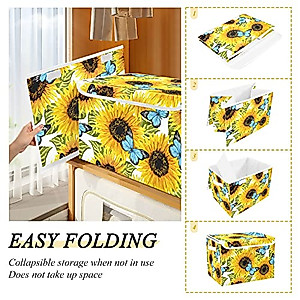 innewgogo Sunflowers Blue Butterflies Storage Bins with Lids for Organizing Large Collapsible Storage Bins with Handles Oxford Cloth Storage Cube Box for Car