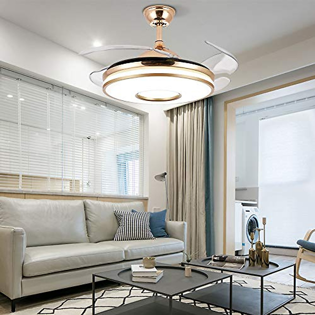 42 Inch Modern Golden Ceiling Fan with Light and Remote Control Bluetooth Music Playback Function 3 Colors 3 Speed Smart Ceiling Fan Light Kit LED Chandelier Ceiling Fan for Living Room Bedroom (Wave)