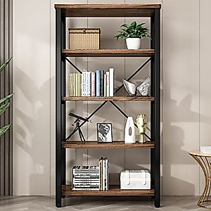 5 Tier Industrial Solid Wood Bookshelf, Open Etagere Bookcase with Metal Frame, Vintage Industrial Style Bookcase/Metal and Wood Bookshelf Furniture (AY01-5tier)