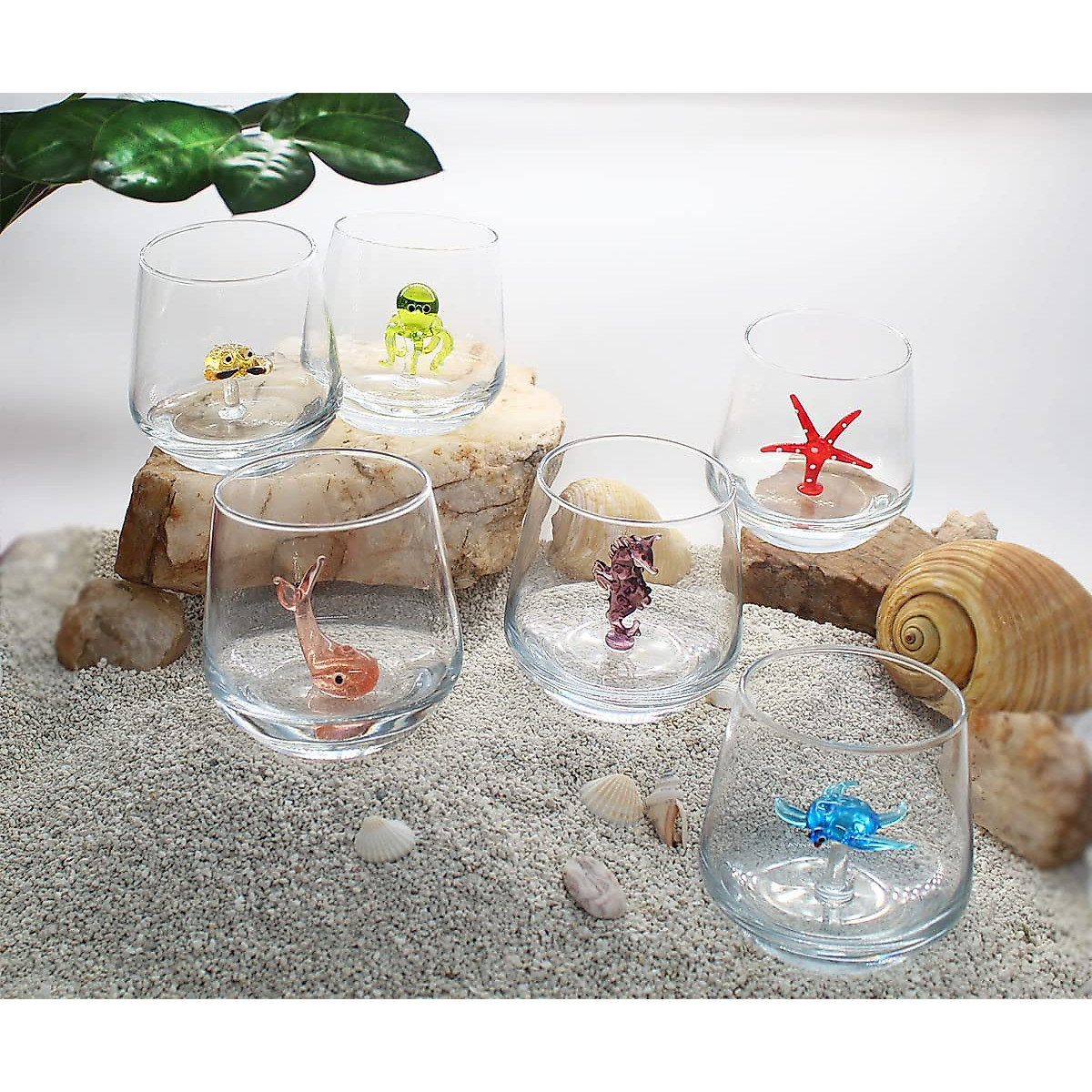 HeguSun 3D Drinking Glass Cup with Cute Animal Figurine Inside, Hand Blown Glass Ocean Life Animals Figures Inside Mug, Stemless Glass for Wine, Water, Milk, Beverages, 12oz(Ocean Animals)