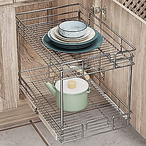 ROOMTEC New Version Pull Out Cabinet Organizer for Base Cabinet (11" W X 18" D), Kitchen Cabinet Organizer and Storage 2-Tier Cabinet Pull Out Shelves Under Cabinet Storage for Kitchen Silver,Chrome