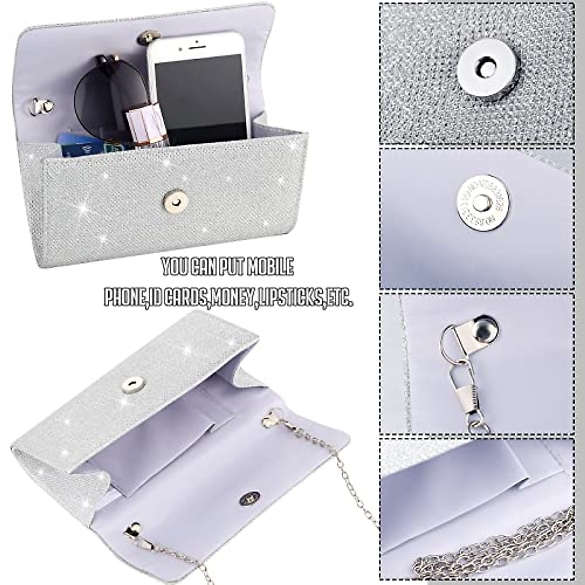 5 Pcs Women's Evening Bag with Glitter Jewelry Set, Glitter Clutch Purse Party Handbag with Chain Bling Teardrop Pendant Necklace Multi Layer Bracelet PU Leather Dangle Earring for Lady (Silver)