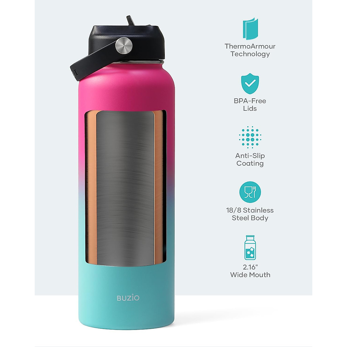BUZIO Stainless Steel Water Bottle, 40oz Vacuum Insulated Double Wall Leak Proof Sports Water Bottle with Straw Lid and Flex Cap for Gym Travel Camping, Rose and Green