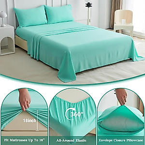 4 Piece Full Sheet Set - Super Soft Breathable Cooling Bed Sheets King Size 16 Inch Extra Deep Pocket, Hotel Luxury Bedding & Pillowcases, Wrinkle Free Oeko-Tex - Aqua
