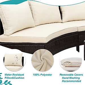 CJLMN 5-Piece Half Moon Outdoor Sectional Sofa Set, Patio All-Weather PE Wicker Furniture with Pillows, Cushions and Half-Moon Tempered Glass Table (Beige)
