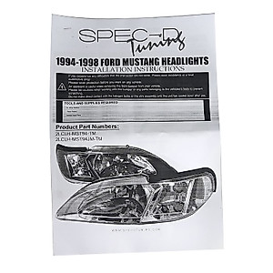 SPEC-D TUNING Black Housing Clear Lens 1PC Headlights + Corner Lights Compatible with 1994-1998 Ford Mustang L+R Pair Head Light Lamp Assembly
