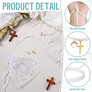 Ferreve 30 Sets Baptism Party Favors Cross Heart Bracelet Bulk with Organza Bag Christian Adjustable Religious Braided Rope for Church Wedding Baby Shower First Communion Sunday School Gifts(Gold)
