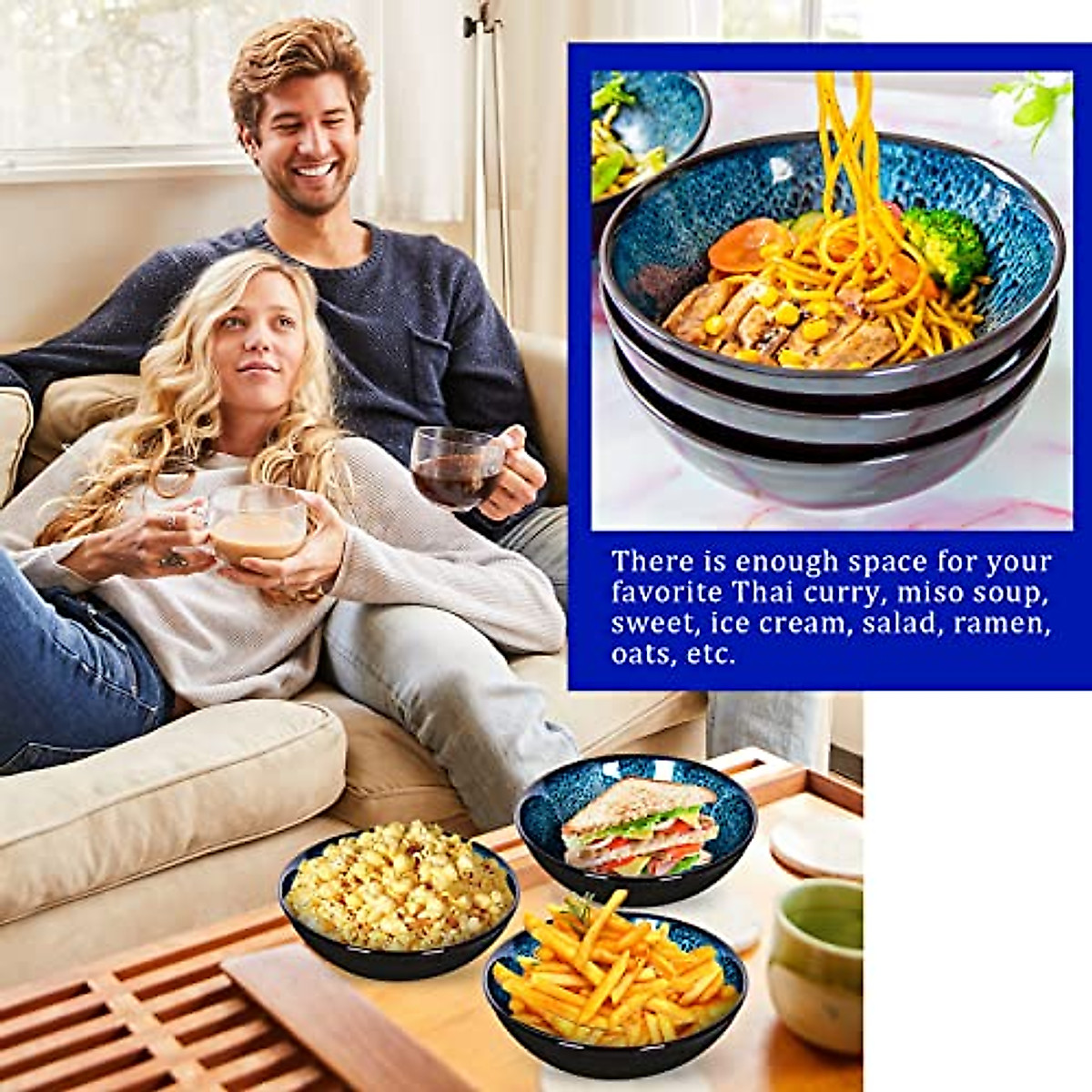 TochilyMoM Large Stackable Snowflake Blue Glaze Pasta Bowls,Wide and Deep Thickened Serving Bowls for Salads, Curry, Ramen, Pho. Microwave and Dishwasher Safe,30 oz 8" Ceramic ramen Bowls