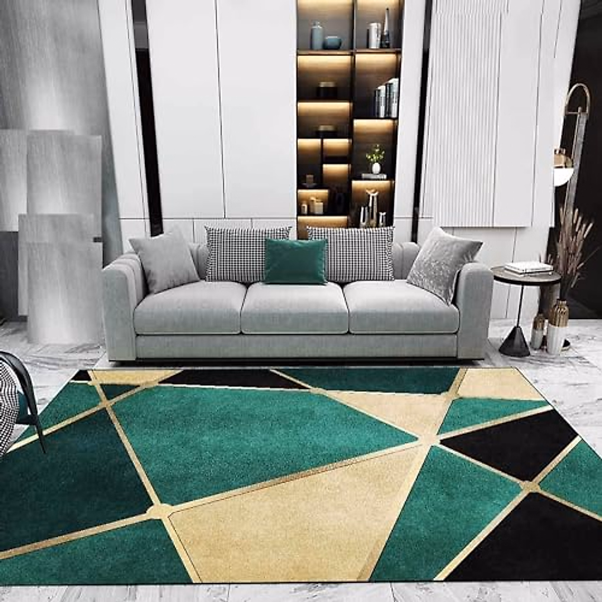 BOWESI Area Rugs 5x8ft, Emerald Green Marble Irregular Texture Pattern Rugs for Living Room, Abstract Black Gold Geometric Lines Office Rug, Fluffy Soft for Hotel Home Decor Entrance Hall Patio