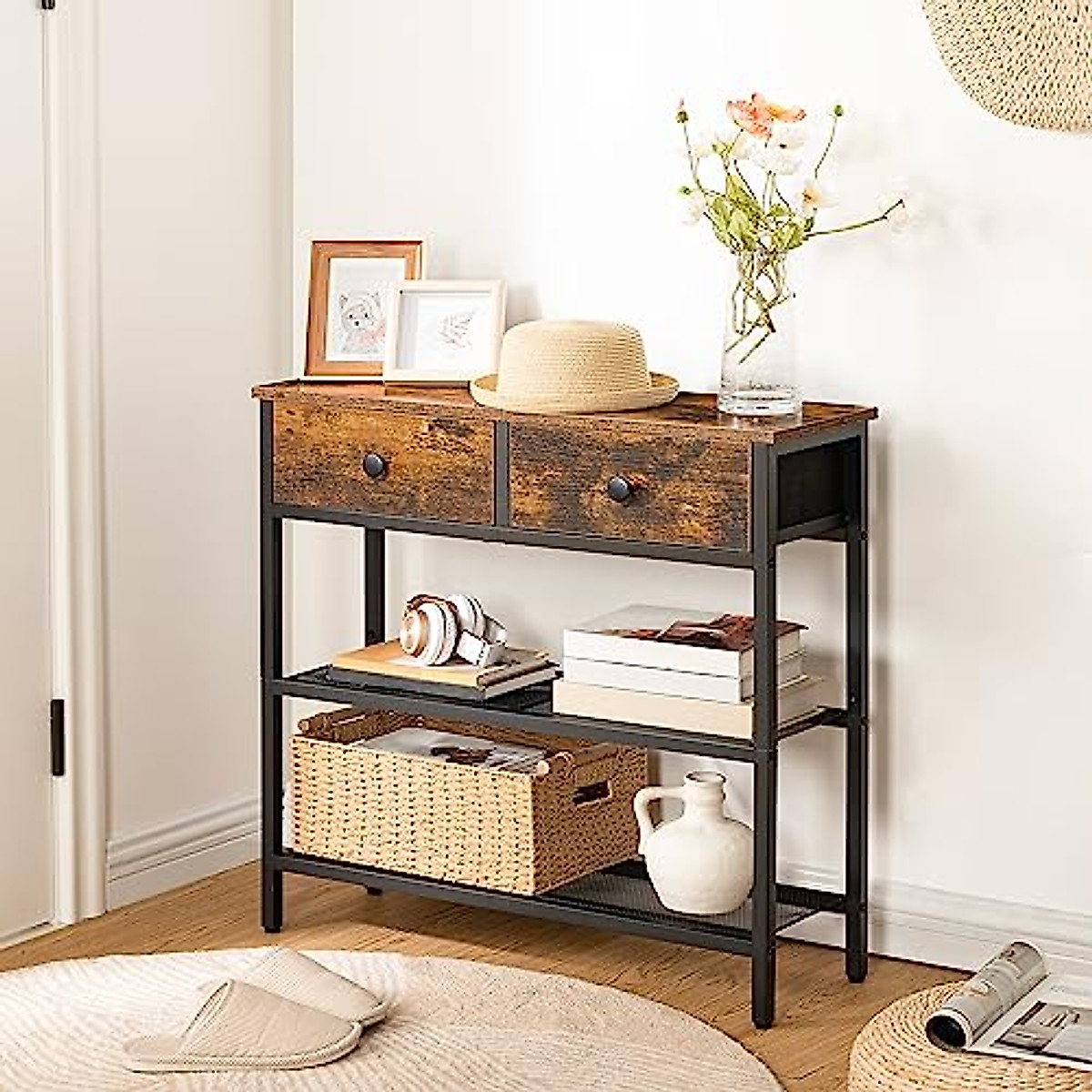 HOOBRO 29.5" Narrow Console Table with 2 Fabric Drawers, Small Entryway Table with 3-Tier Storage Shelves, Thin Sofa Table, Side Table, for Living Room, Hallway, Rustic Brown and Black BF72XG01
