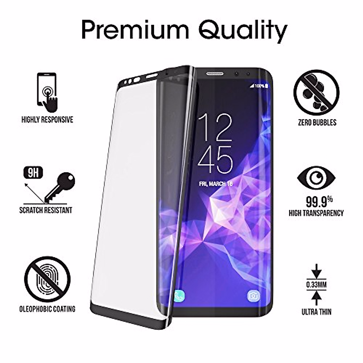 amFilm Glass Screen Protector for Samsung Galaxy S9 Plus, 3D Curved Tempered Glass, Dot Matrix with Easy Installation Tray, Case Friendly (Black)