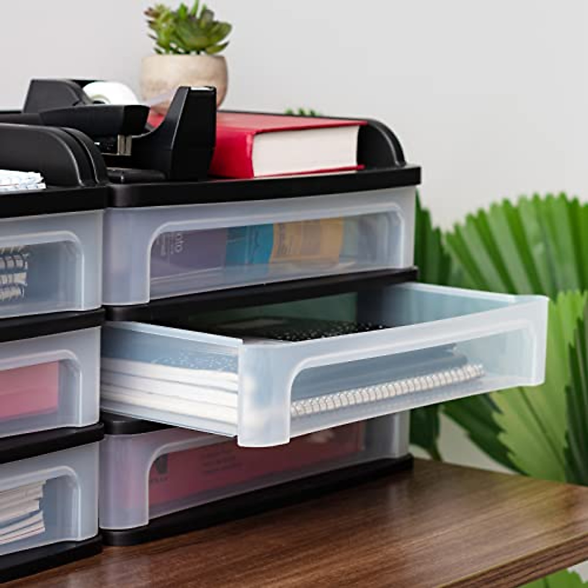 IRIS USA Medium 3-Drawer Desktop Organizer with Open Tray Top, 2 Pack, for Office, School, Stationary, Makeup Organizer, Bathroom, Utility, Medical Supplies, Desk Organizer, Versatile Storage, Black